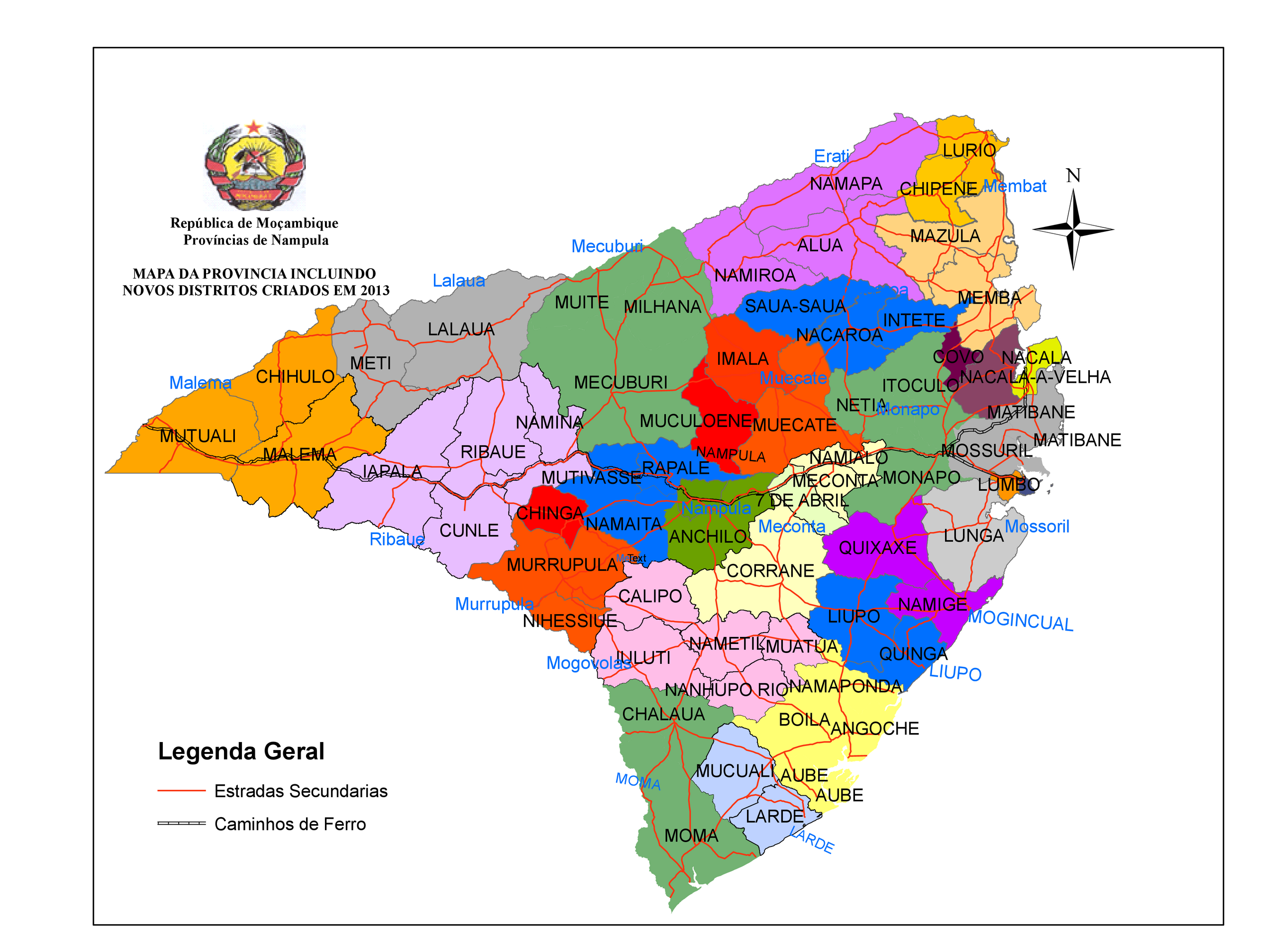 Mapa Da Provincia de Nampula Incluindo Novos Distritos Criados Em 2013